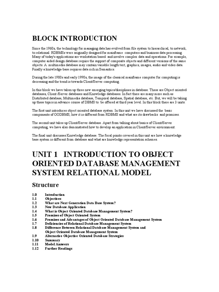 Block Introduction: Unit 1 Introduction To Object Oriented Database Management System Relational ...