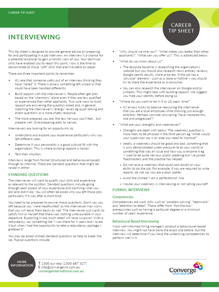 Career Tip Sheet – Interviewing | PDF | Job Interview | Recruitment