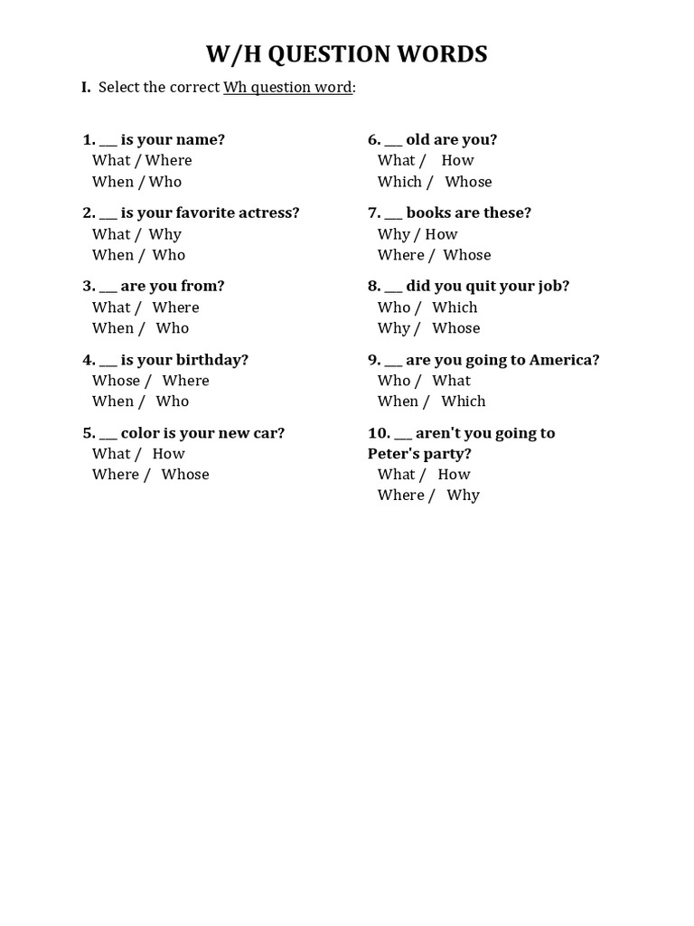WH Question Words Exercises | PDF
