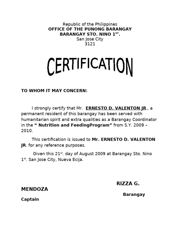 Certification As Barangay Coordinator Sa Feeding Program | PDF