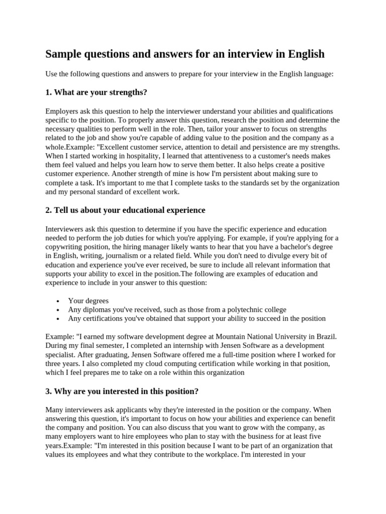 Sample Questions and Answers For An Interview in English | PDF ...