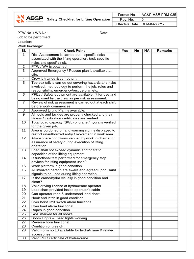 HSE-F-35 Safety Checklist For Lifting Operation | PDF | Crane (Machine ...