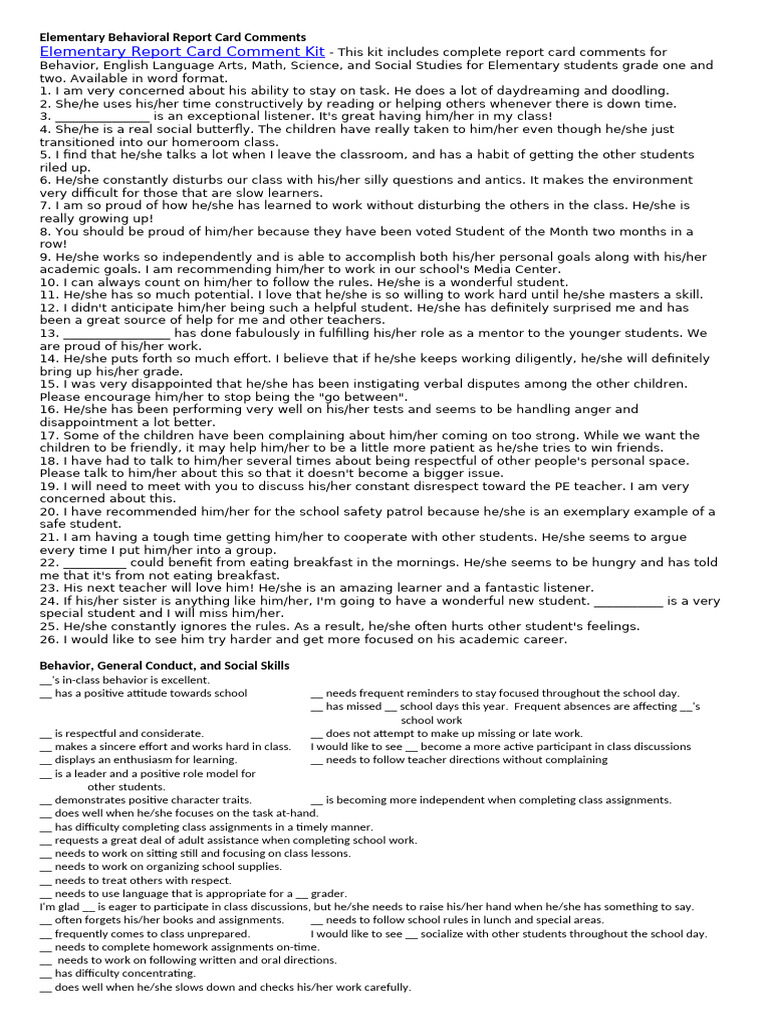 Elementary Behavior Report Card Comments | PDF | Learning | Psychology