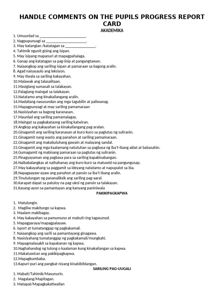 Handle Comments On The Pupils Progress Report Card | PDF