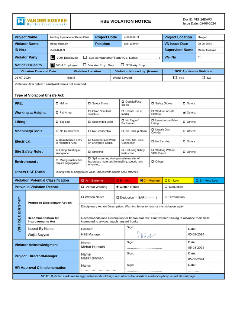 VDH HSE Violation Notice - Mehr Hussain 4 | PDF | Occupational Safety And Health | Safety