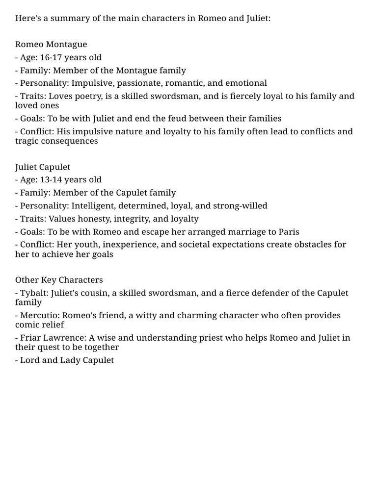Romeo and Juliet Character Overview | PDF