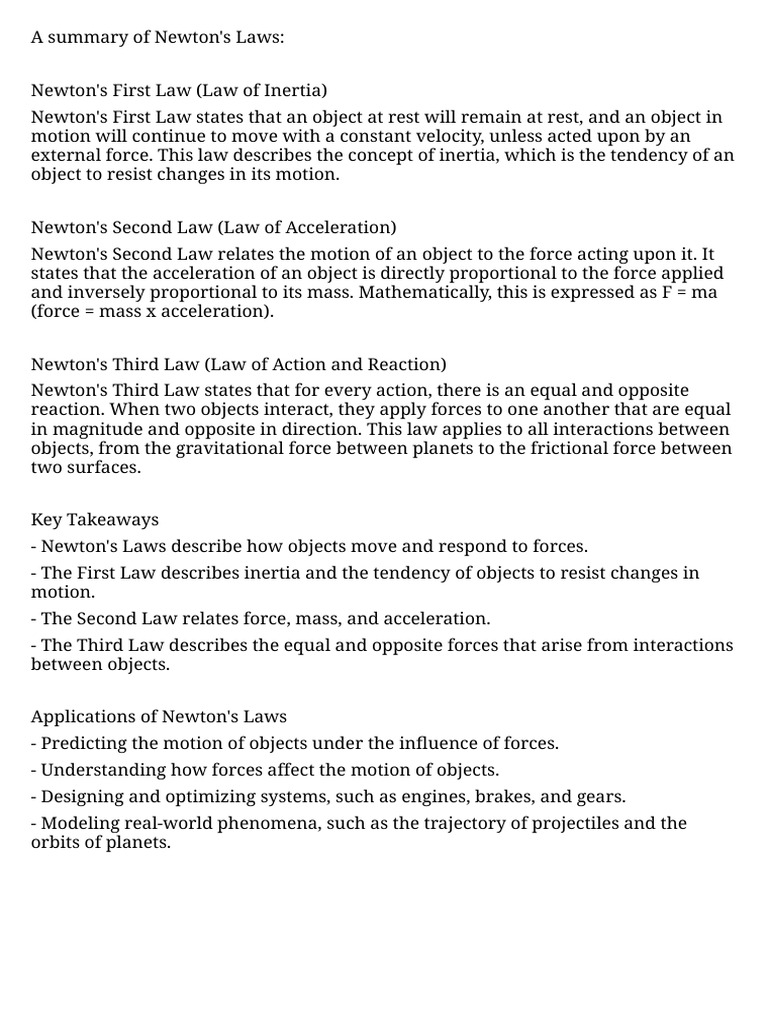 Summary of Newton's Laws | PDF