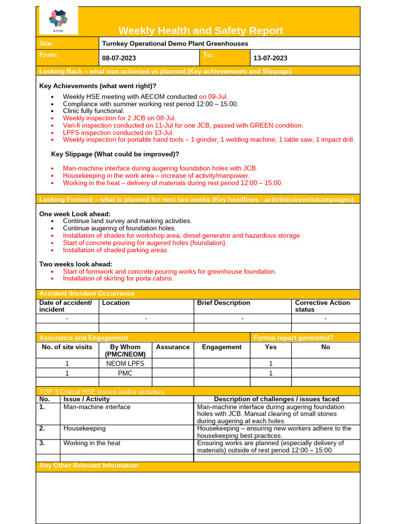 Weekly HSE Report: Achievements & Plans | PDF