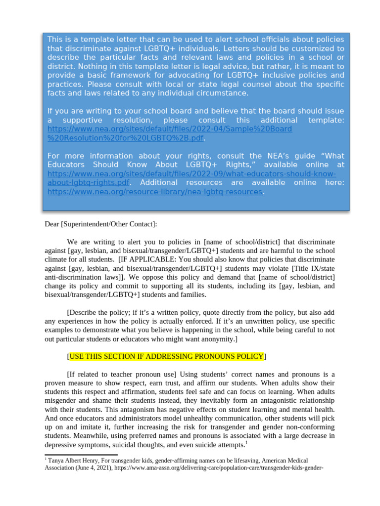 LGBTQ Issues Letter Template | PDF | Bullying | Transgender