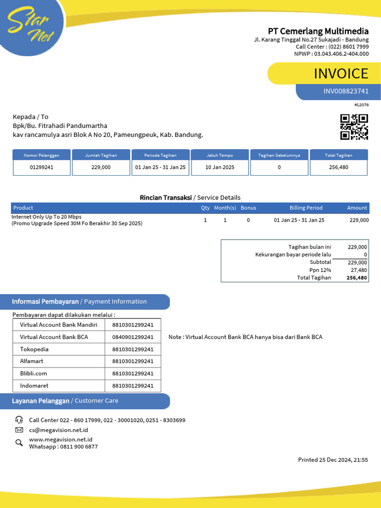 Tagihan Internet PT Cemerlang Multimedia | PDF