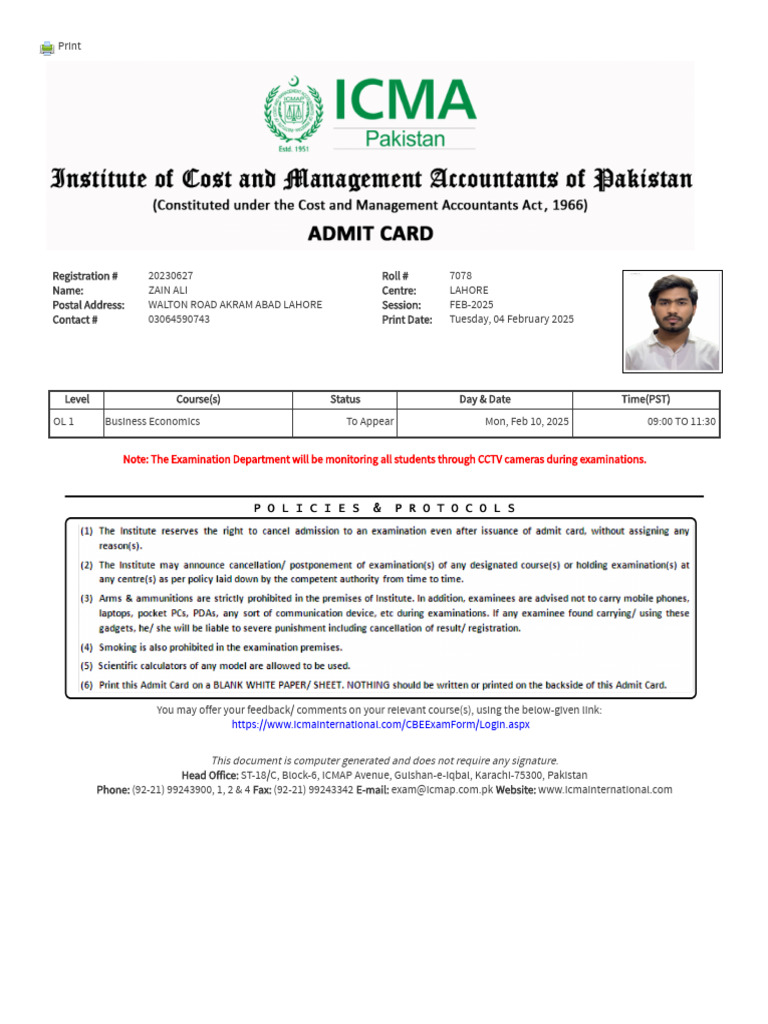 Dost Ka Admit Card | PDF