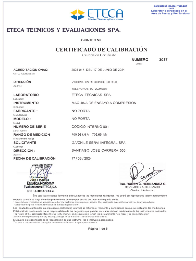 Certificado de Calibración de Fuerza 1000 kN | PDF | Calibración ...