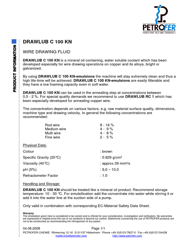 Petrofer Drawlub C 100 KN Product Data Sheet | PDF | Water | Wire