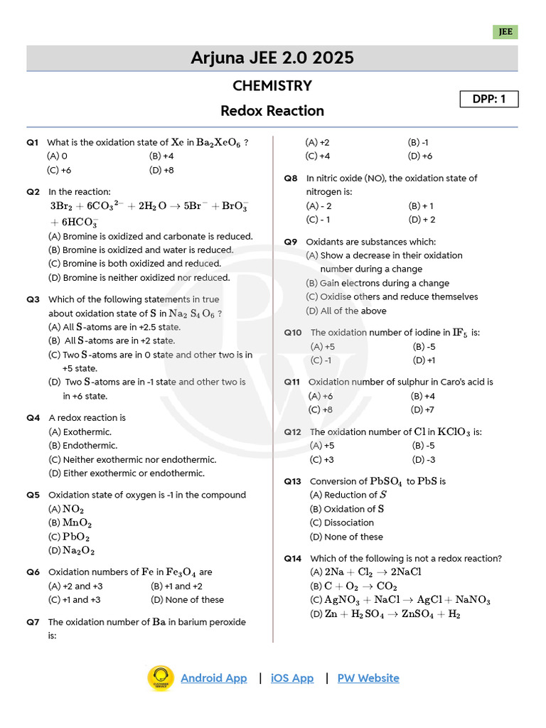 Redox Reactions DPP 01 (of lec 03) Arjuna JEE 2.0 2025 | PDF | Redox | Electrochemistry