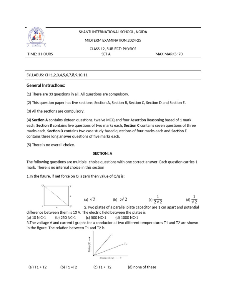 Mid Term Physics Class 12 Set A | PDF | Electrical Equipment | Electric Power