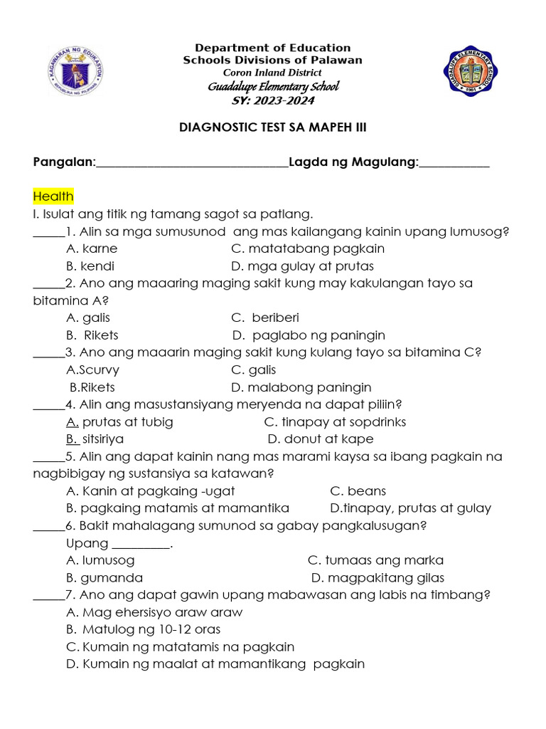 MAPEH Diagnostic | PDF