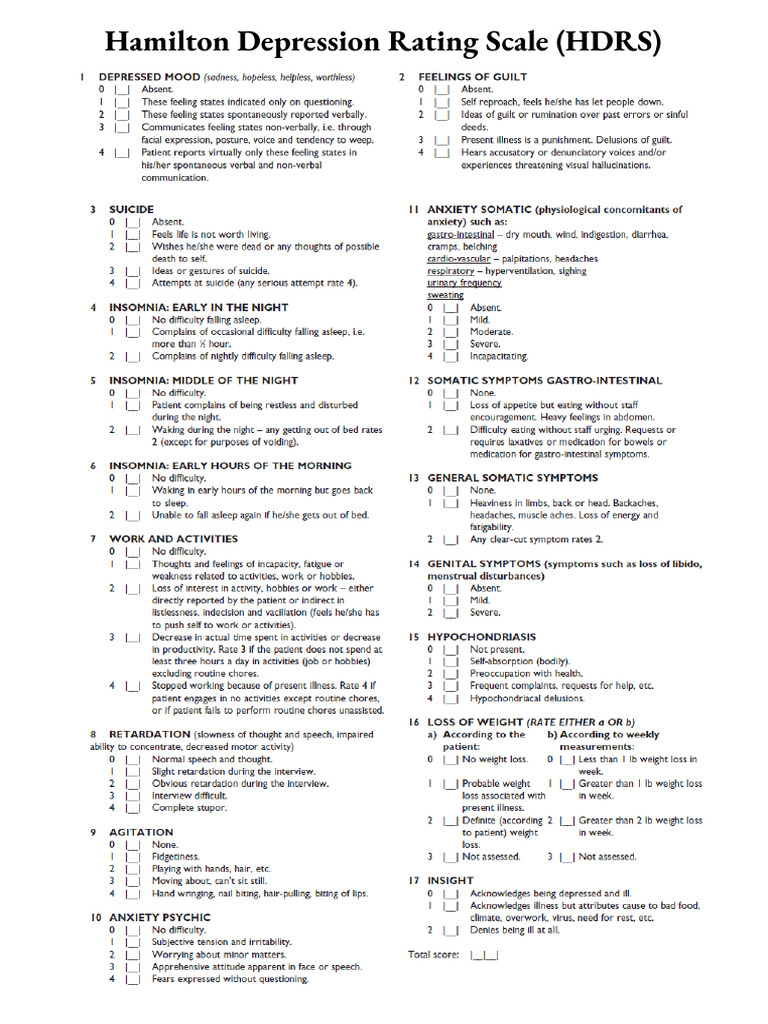 Hamilton Depression Rating Scale (HDRS) | PDF