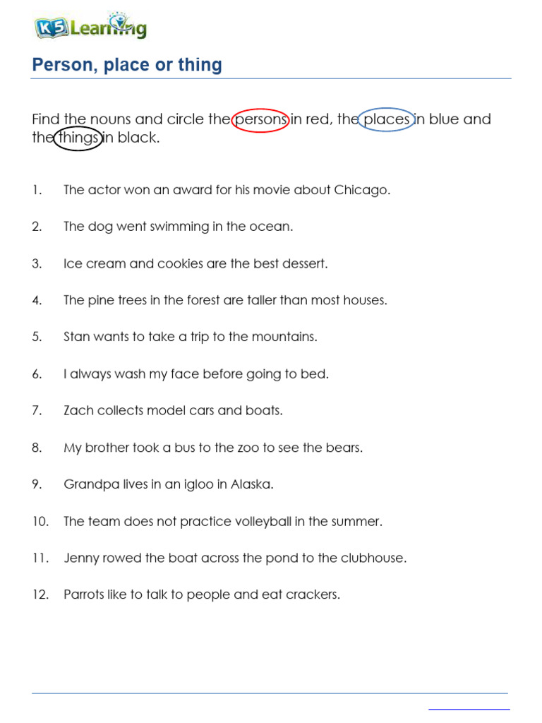 Grammar Grade 3 Nouns Person Place Thing 1 | PDF