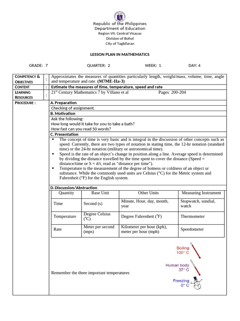Prototype Lesson Plan Math 7 Quarter 2 Week 1 Day 4 | PDF | Measurement ...