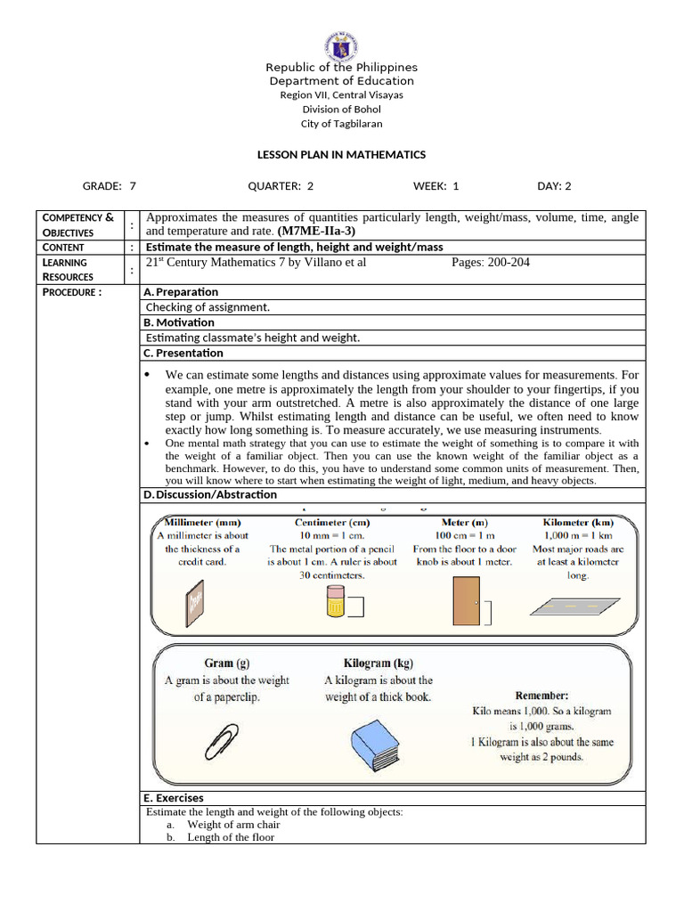 Prototype Lesson Plan Math 7 Quarter 2 Week 1 Day 2 | PDF | Measurement ...