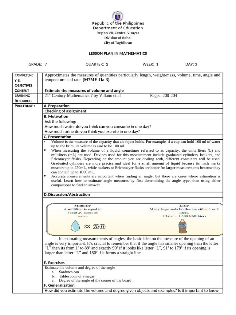 Prototype Lesson Plan Math 7 Quarter 2 Week 1 Day 3 | PDF | Volume ...
