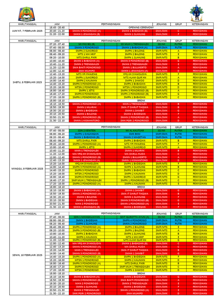 Jadwal Pertandingan SMAGA 2025 | PDF