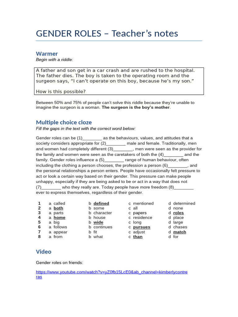 Gender Roles Teachers Notes | PDF | Gender Role | Gender