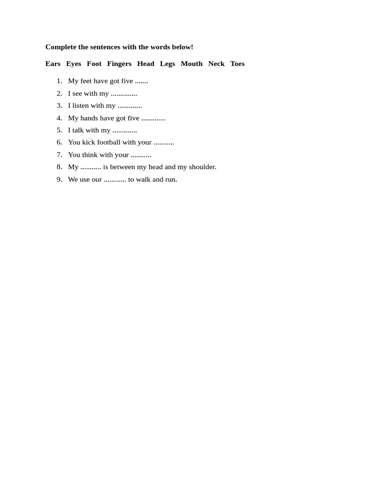 Body Parts Vocabulary Exercise | PDF