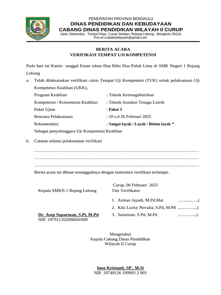 Berita Acara Dan Instrumen Verifikasi Tuk Ukk SMK n1 RL 2025 Rev 1 | PDF