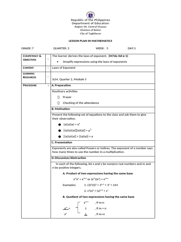 Prototype Lesson Plan in Math 7 Q2 Week5 Day 1 | PDF | Exponentiation | Abstract Algebra