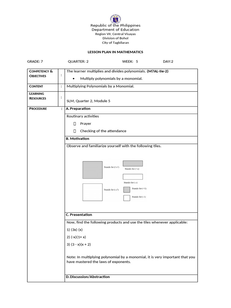 Prototype Lesson Plan in Math 7 Q2 Week5 Day 2 | PDF | Polynomial ...