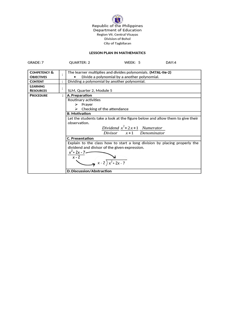 Prototype Lesson Plan in Math 7 Q2 Week5 Day 4 | PDF | Division ...