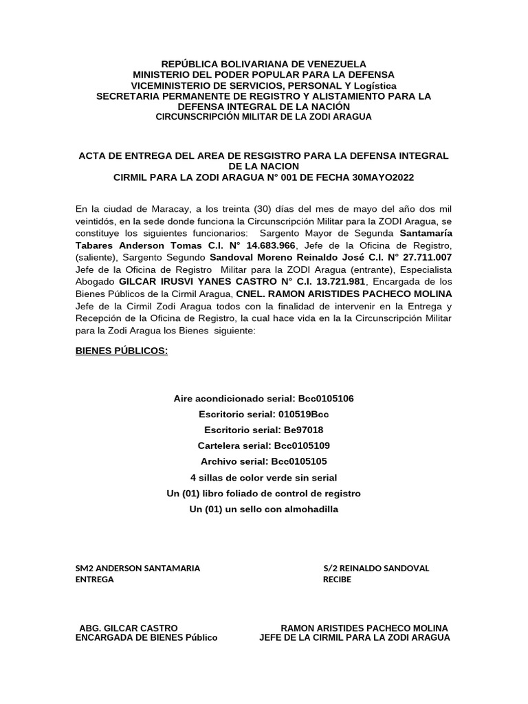 Acta Entrega Oficina Registro ZODI Aragua | PDF