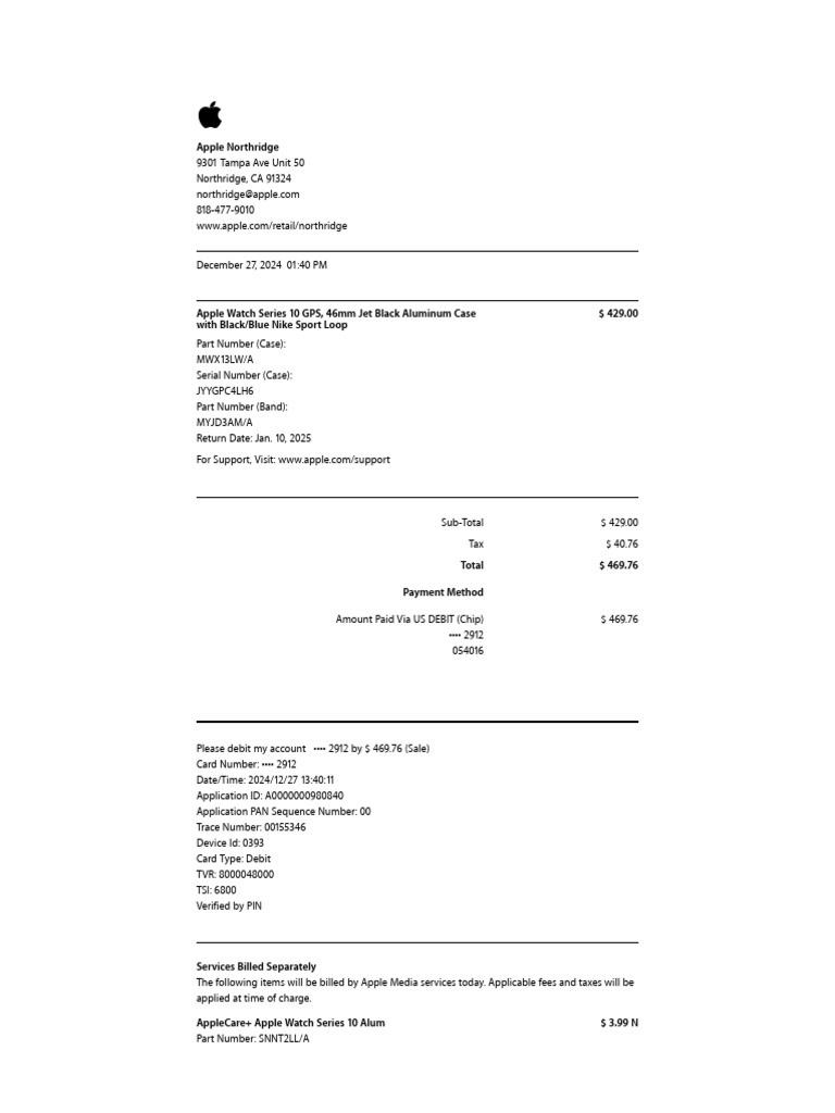 Apple Watch Series 10 Purchase Receipt | PDF