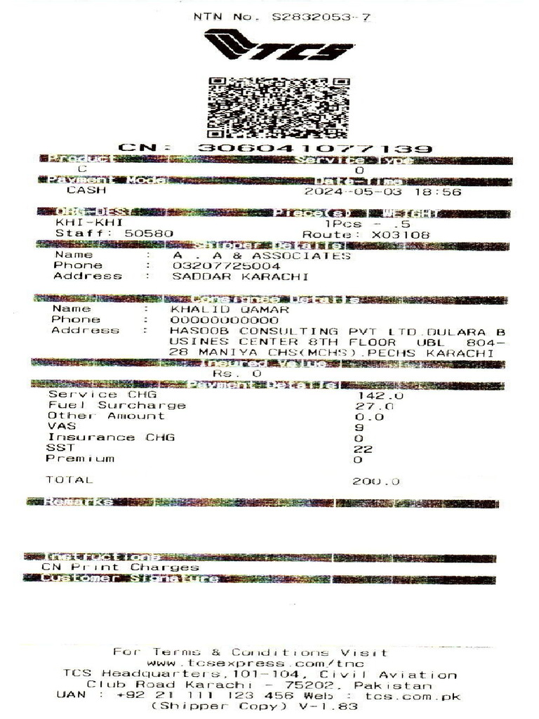 Tcs Courier Slip of (KHALID QAMAR) Courier Tracking No 3066041077139 ...