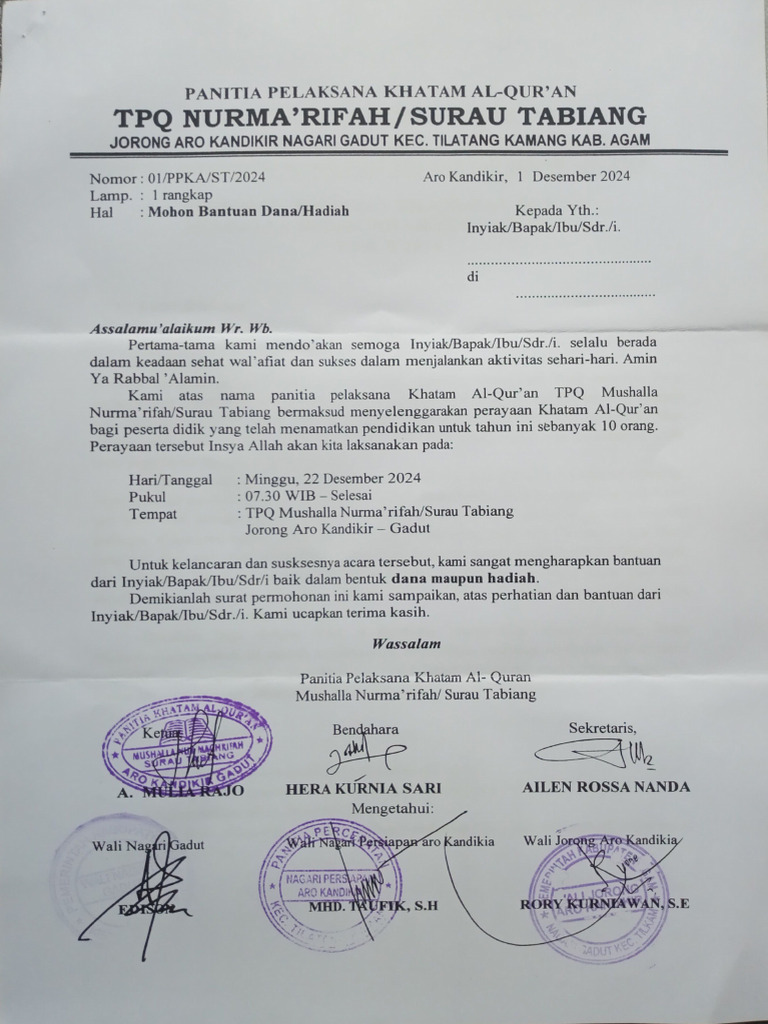 Proposal Khatam Al-Qur'an Surau Tabiang 2024 | PDF