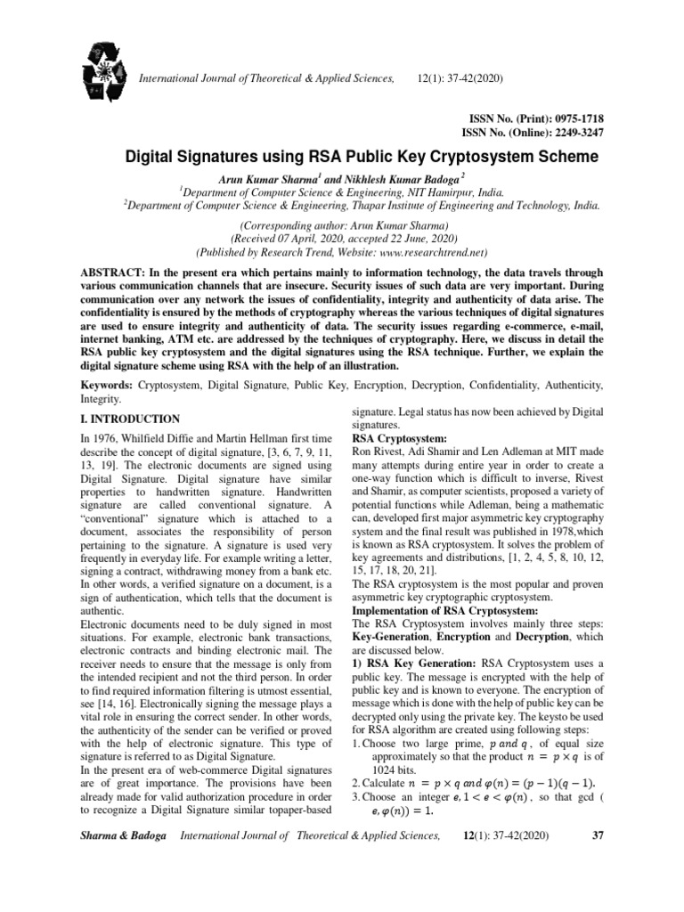 7 Digital Signatures using RSA Public Key Cryptosystem Scheme ARUN KUMAR SHARMA 1262 | PDF ...