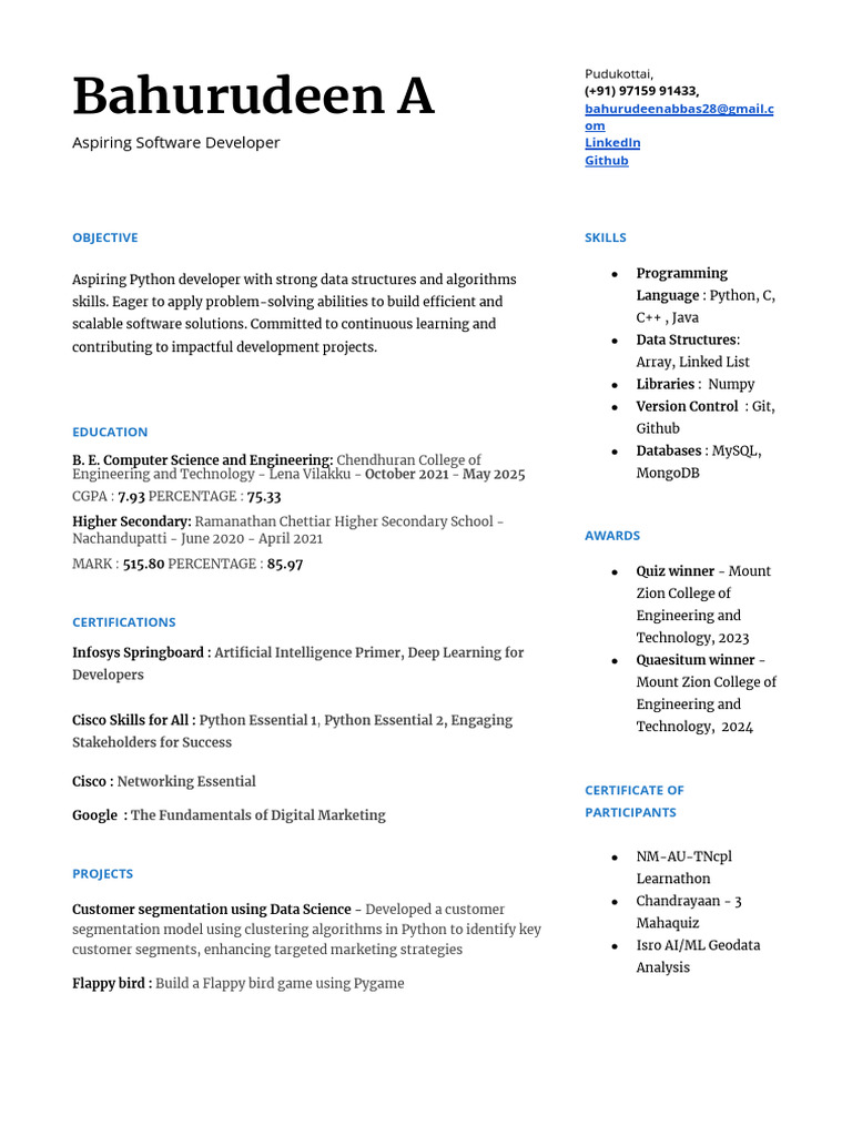 Aspiring Python Developer Resume | PDF | Artificial Intelligence | Intelligence (AI) & Semantics