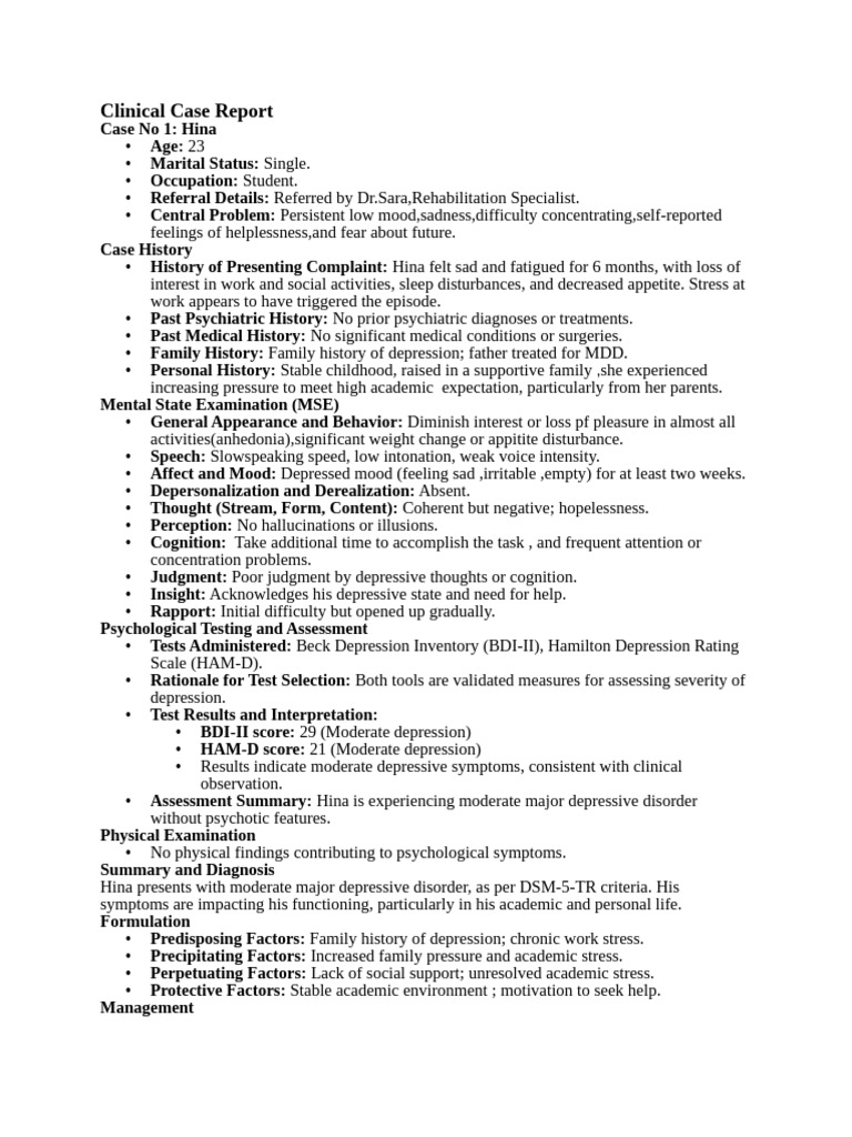 Case Report: Moderate Major Depression | PDF | Major Depressive ...