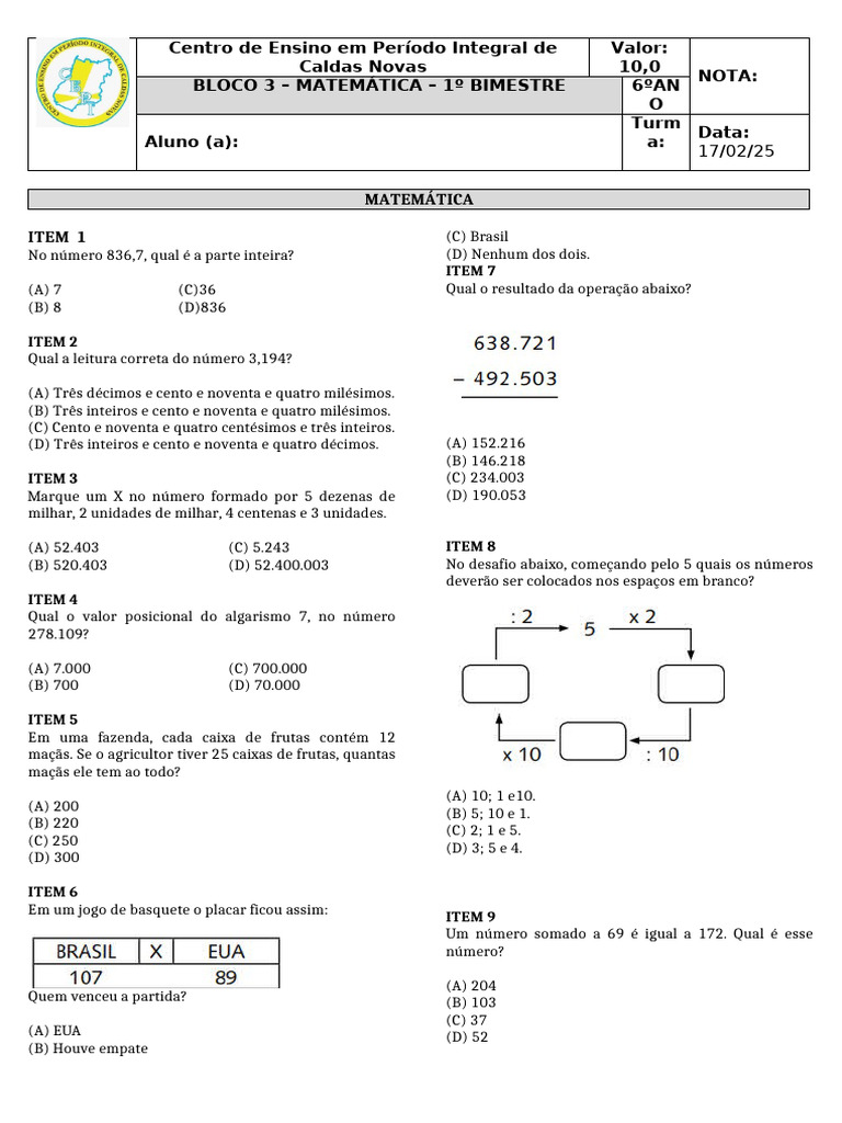 6º ANO - Prova de BLOCO 3 - MAT | PDF