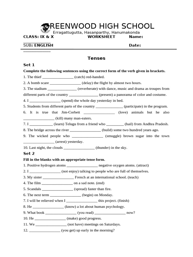 Class 10 Tenses Worksheet | PDF