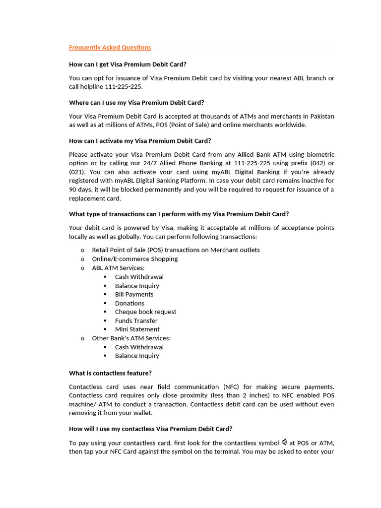 FAQs Allied Visa Premium Debit Card | PDF | Debit Card | Visa Inc.