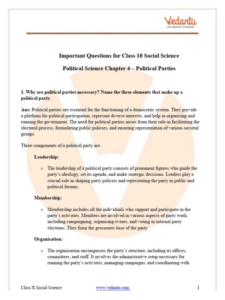 Key Questions on Political Parties for Class 10 | PDF | Political ...