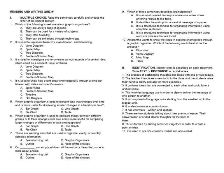 Reading and Writing Quiz #1 | PDF | Chart | Pie Chart