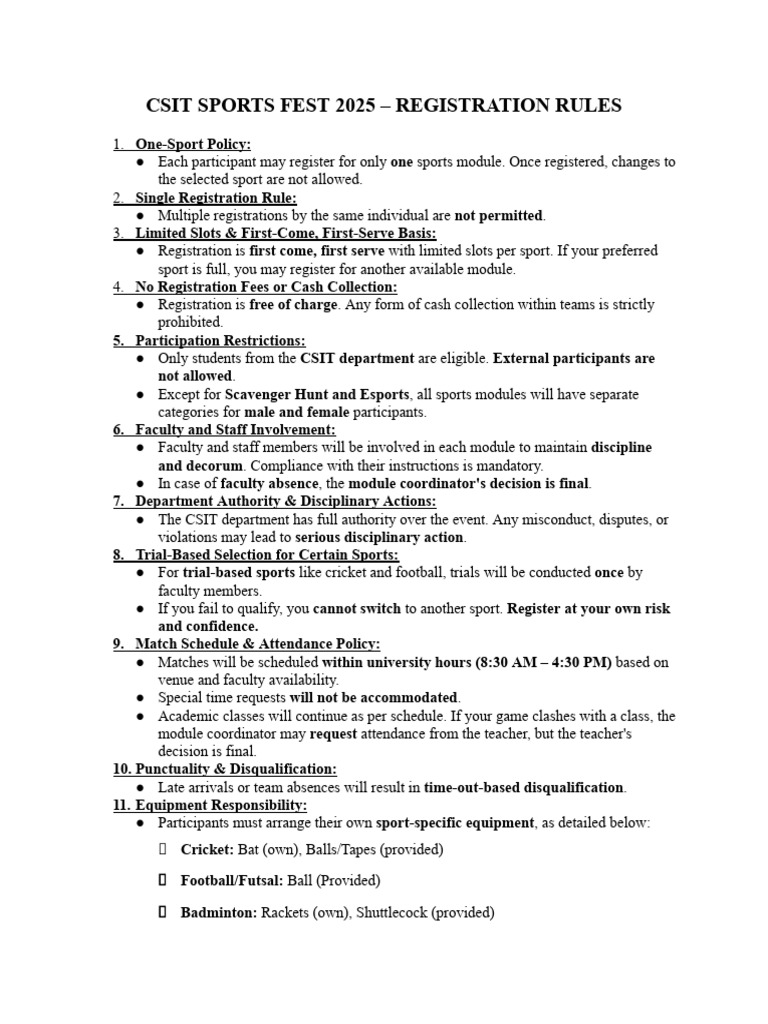 Registration Rules - Csit Sports Fest 2025 | PDF | Sports