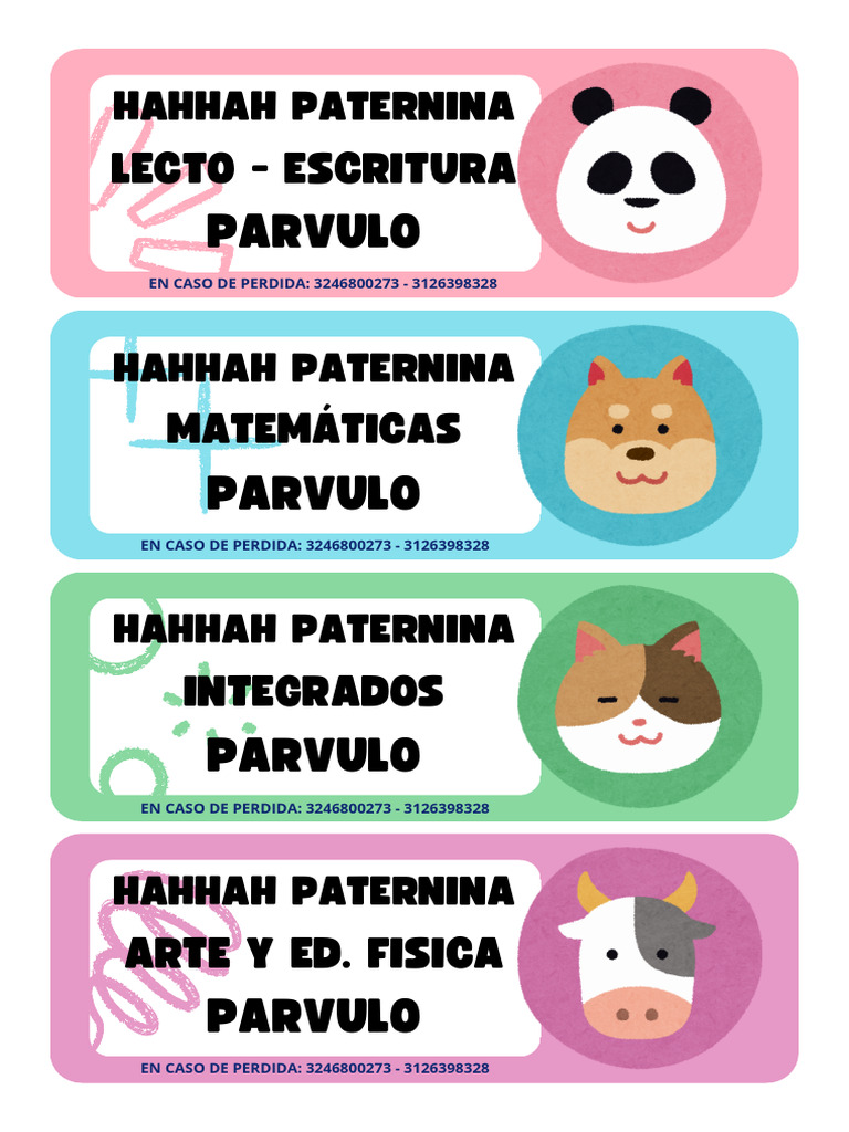 Etiquetas Escolares Animales Ilustrado Colorido | PDF