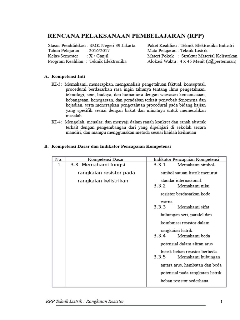 RPP Komponen Listrik KD 3 3 4 3 | PDF
