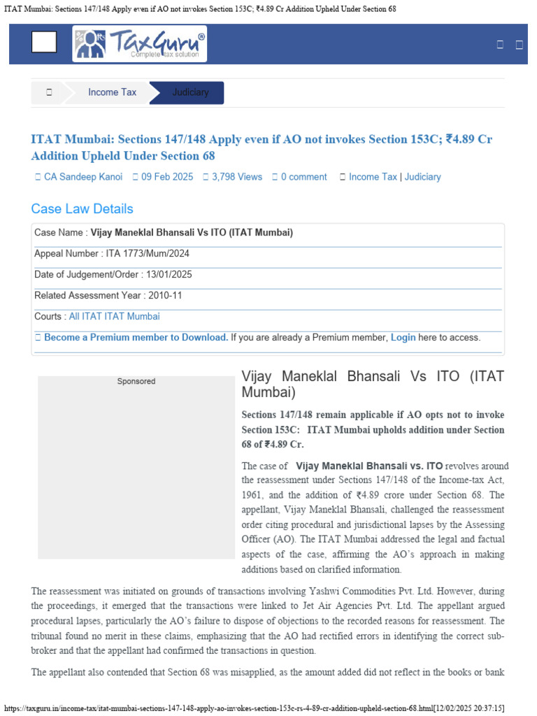 ITAT Mumbai - Sections 147 148 Apply Even If AO Not Invokes Section 153C - 4.89 CR Addition ...