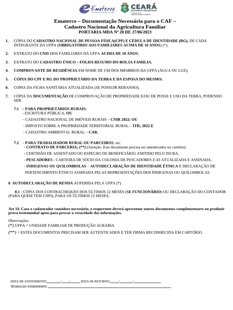 Documentos para Cadastro CAF Ematerce | PDF
