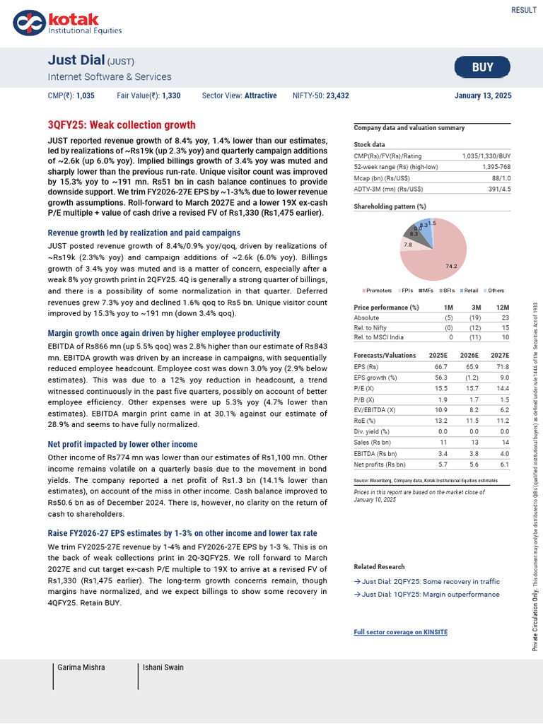 1 Just Dial 13jan25 Kotak Inst | PDF | Business Economics | Financial ...